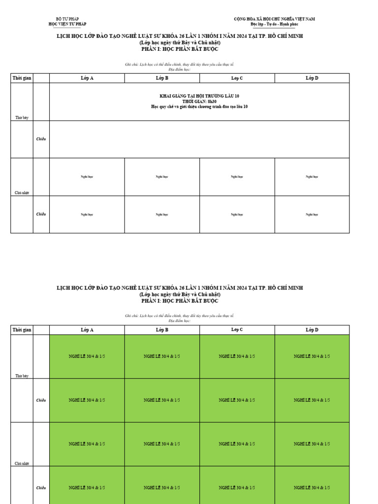 Lich Khung Luat Su 26.1 Nhom I Abcd (T7, CN) TP - HCM 2024 Goc DC 15.4.2024 | PDF