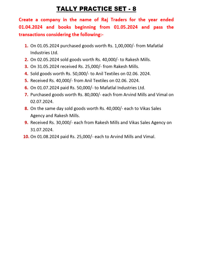 Tally Practice Set for Raj Traders | PDF