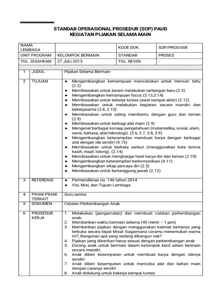 8 Sop Paud Kegiatan Pijakan Selama Main | PDF