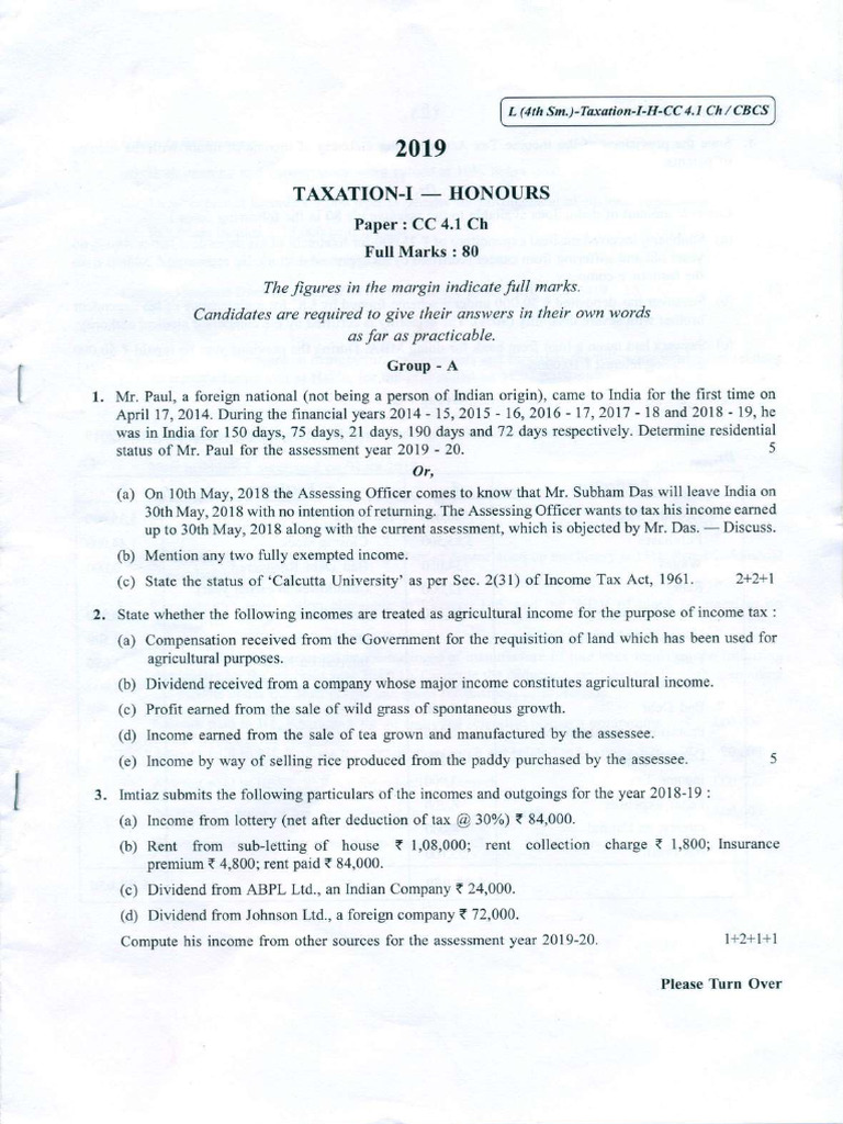 (H) Taxation - I-4th Sem (CC4.1 CH 2019) - 80 | PDF