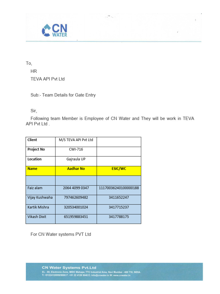 Team Member Details for TEVA Entry | PDF