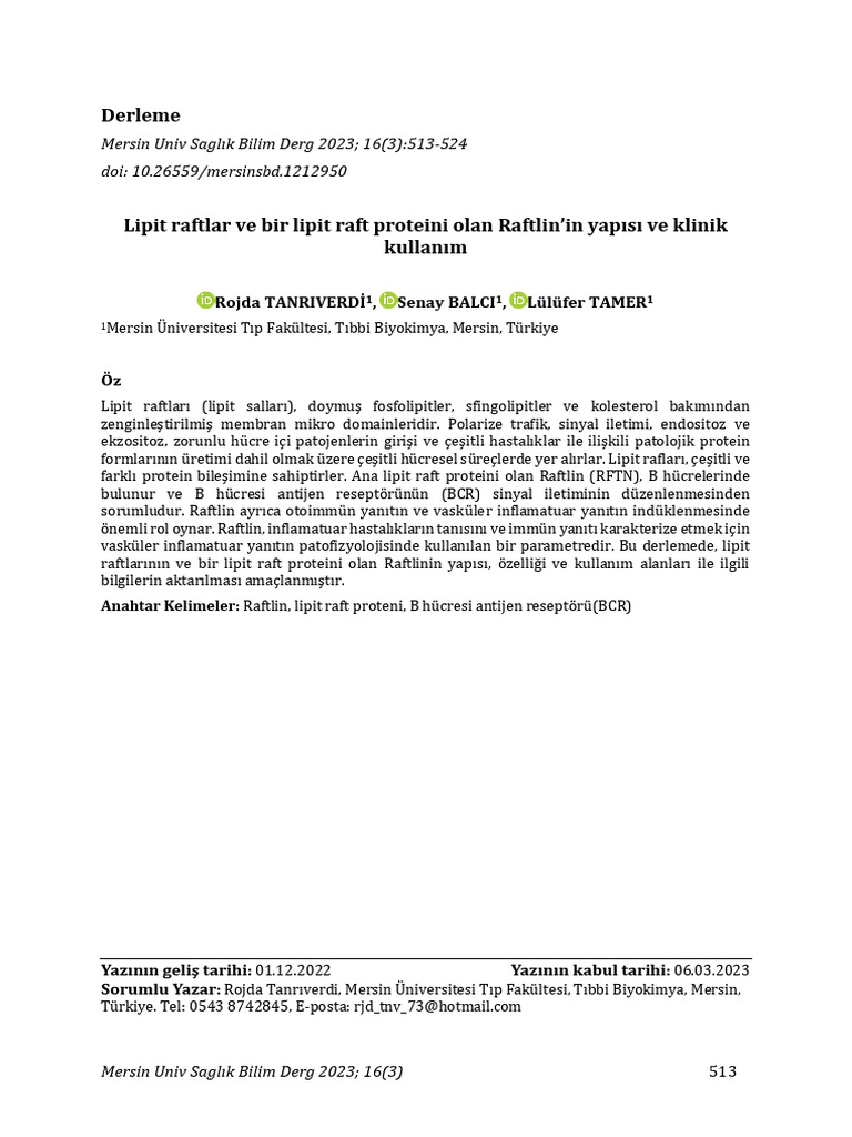 Lipit raftlar ve bir lipit raft proteini olan Raftlin___in yap__s__ ve klinik kullan__m[#1212950 ...