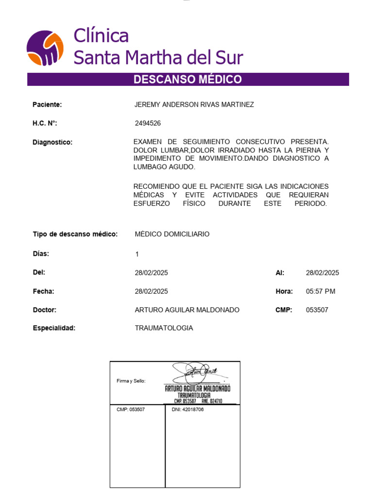 Descanso Medico-Jeremy Rivas Martinez | PDF | Dolor lumbar | Medicina ...