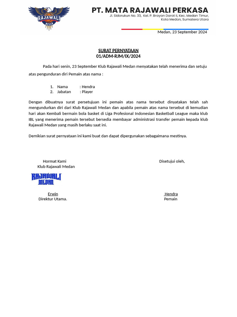 Surat Penyataan Pengunduran Diri Hendra - 01 | PDF