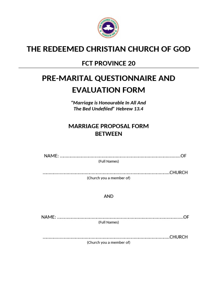 RCCG Pre-Marital Questionnaire Form | PDF | Marriage | Engagement