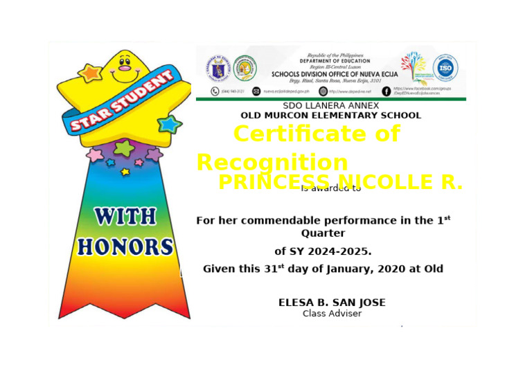 Certificate Of Recognition For Princess Nicolle R Pdf