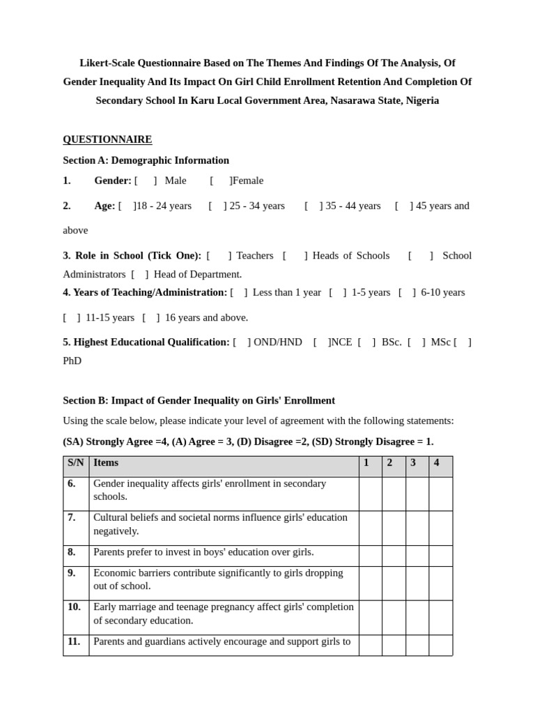 Questionnaire For Project Work | PDF | Gender Equality | Gender Studies