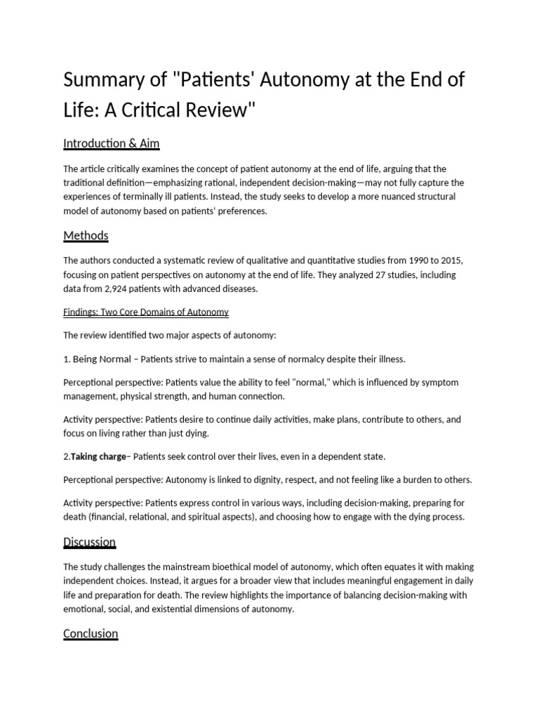 Outline of Patient's Autonomy | PDF | Autonomy | End Of Life Care