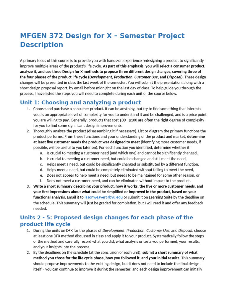 MFGEN 372 Semester Project Description (7) | PDF | Design