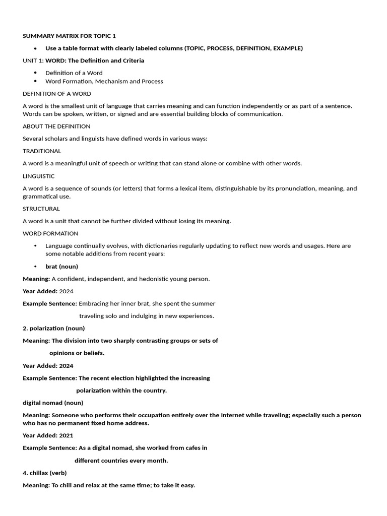 Summary Matrix For Topic 1 | PDF | Word | Semantics