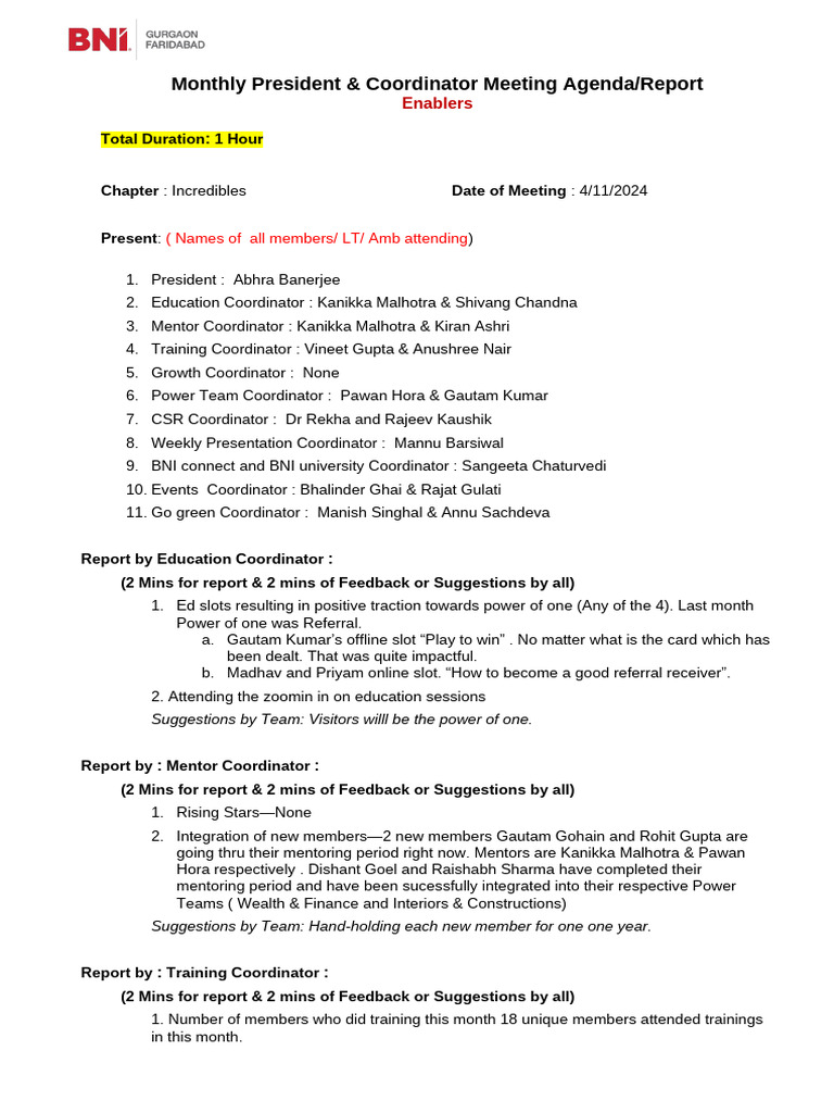 President 0 Coordinator Meeting Format Oct 2024 | PDF