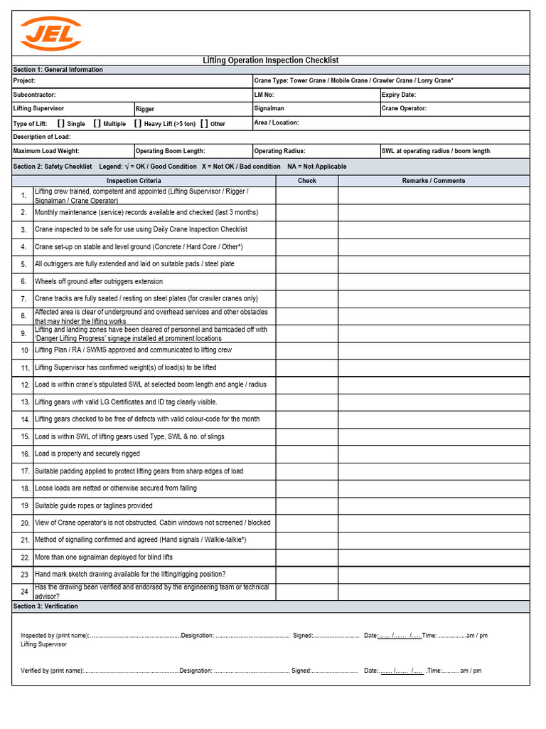 JEL-HSE-Form-036-Lifting Operation Checklist (Rev 1) (1) | PDF | Crane ...