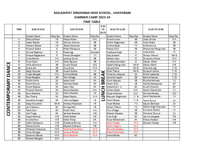Summer Camp 2023-24 Timetable | PDF