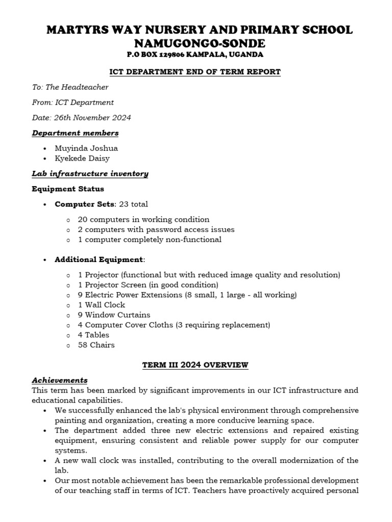 ICT Department End of Term Report 2024 | PDF | Information And ...