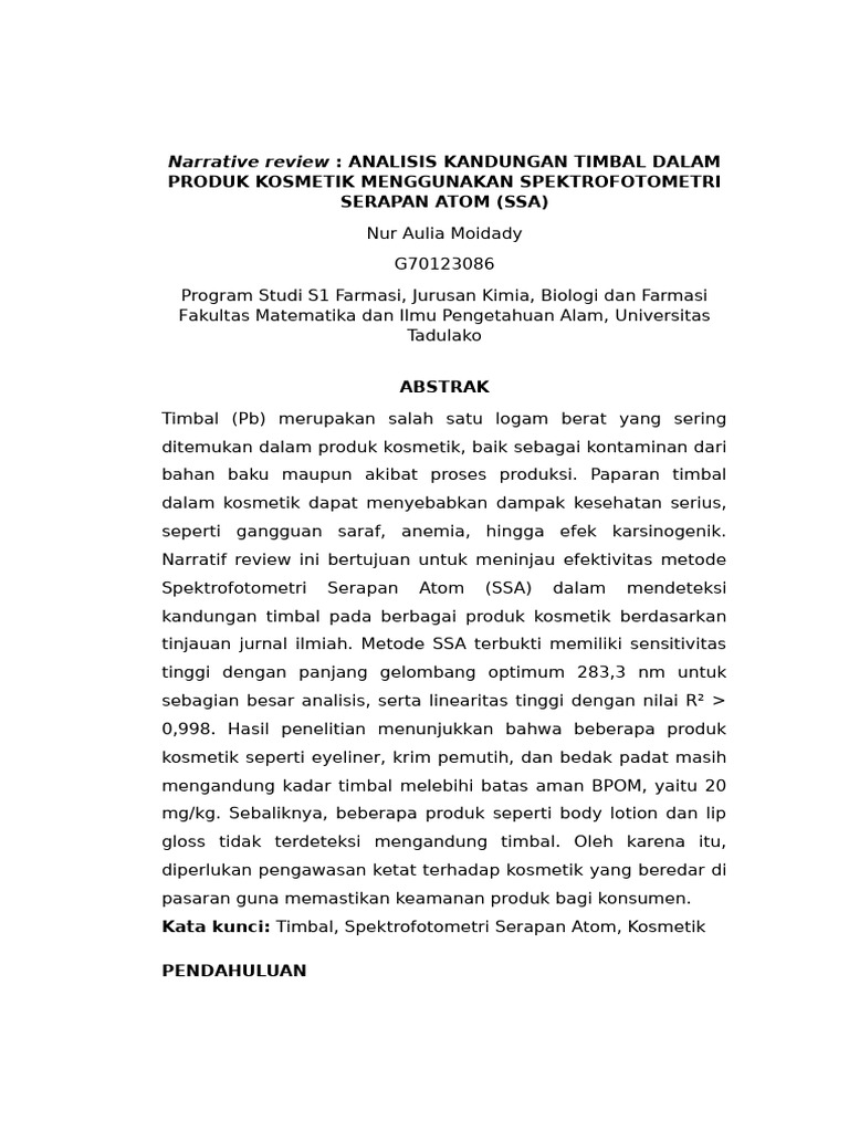 Narrative review : ANALISIS KANDUNGAN TIMBAL DALAM PRODUK KOSMETIK ...