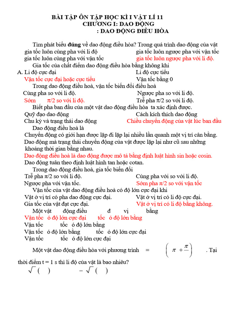 Bai Tap Cho HS Luyen Tap On HK I Vat Li 12 | PDF