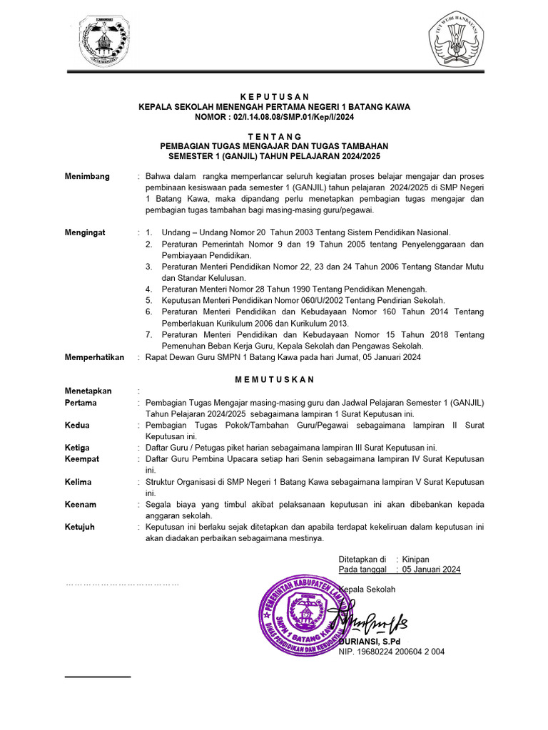 SK Pembagian Tugas Semester Genap Tahun 2023-2024 | PDF