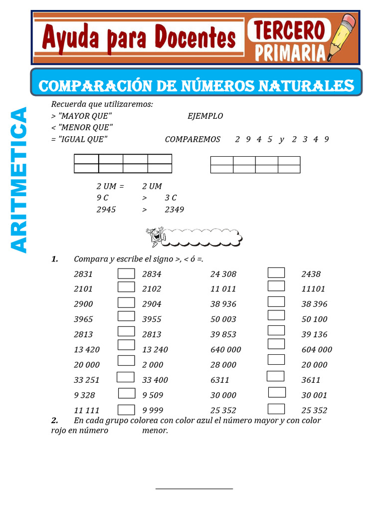 Fichas de Comparacion de Numeros Naturales para Tercero de Primaria | PDF