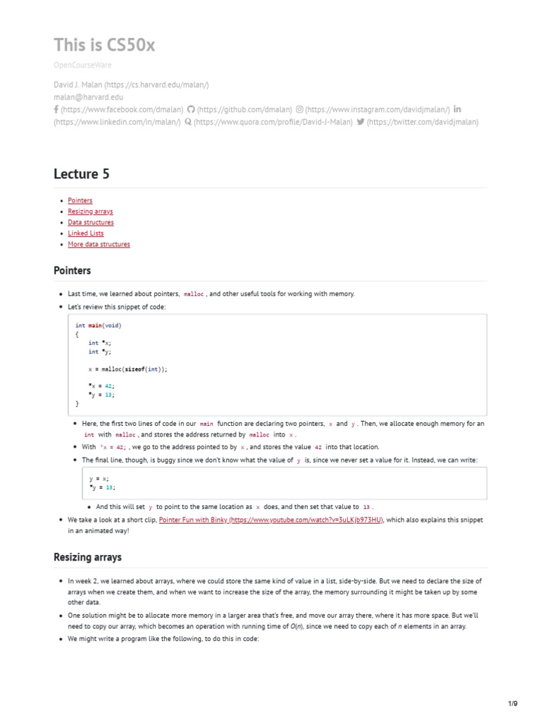 CS50x Week 5: Pointers & Linked Lists | PDF | Pointer (Computer Programming) | Computer Science
