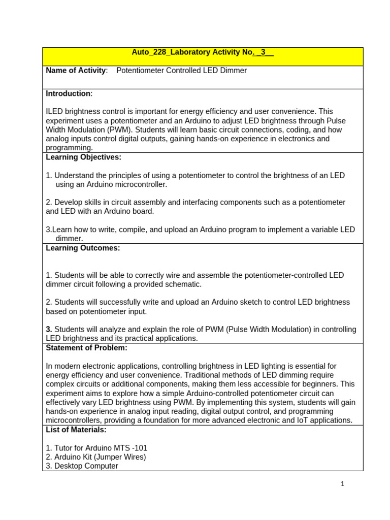 Unit 3 Exercise 3-1 Potentiometer Cotrolled Led Dimmer | PDF | Arduino | Manufactured Goods
