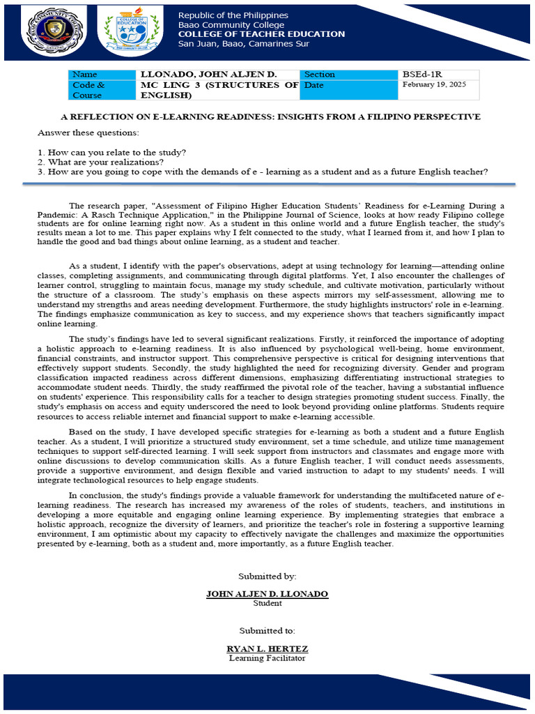 Llonado, John Aljen D. - Reflection Paper - MC. LING 3 | PDF | Educational Technology | Learning