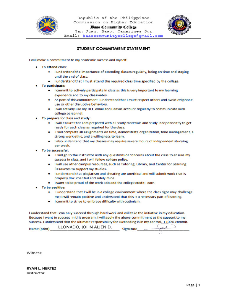 Llonado John Aljen D. - STUDENT COMMITMENT STATEMENT (1) | PDF