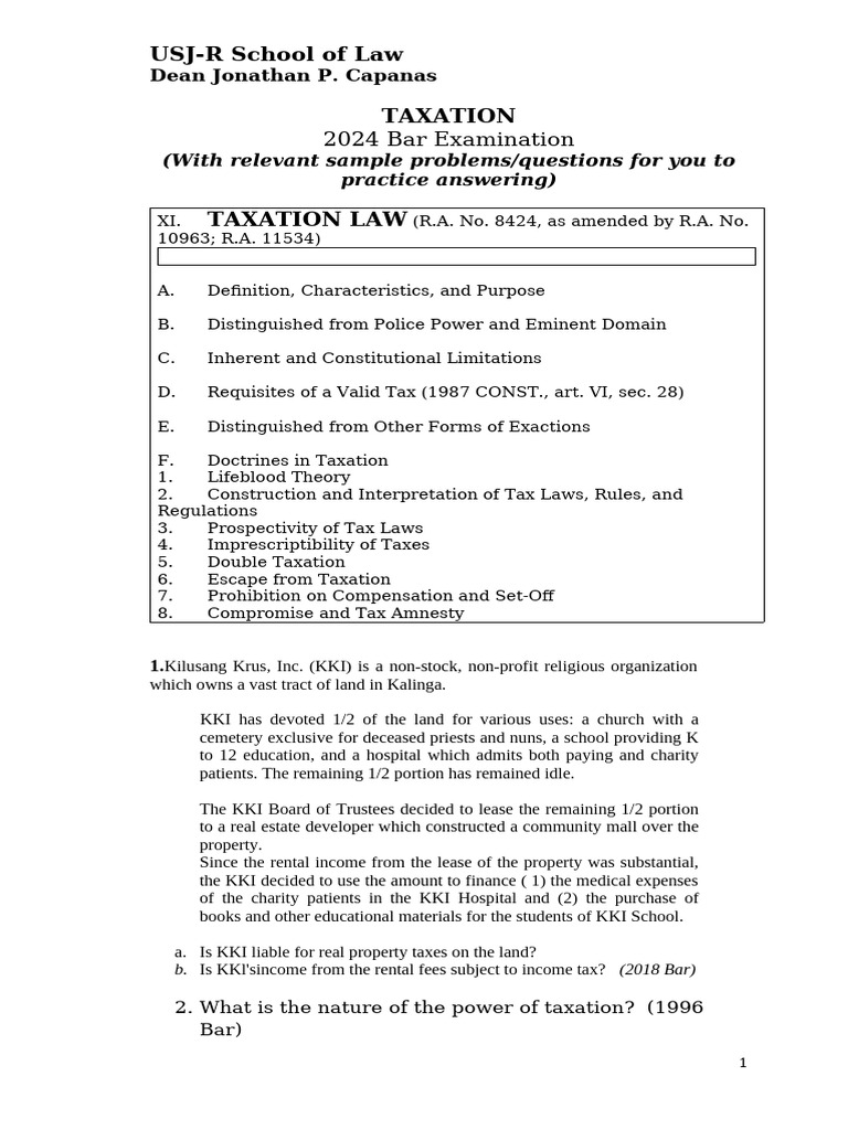 Taxation Law Overview & Practice Problems | PDF | Taxes | Income Tax