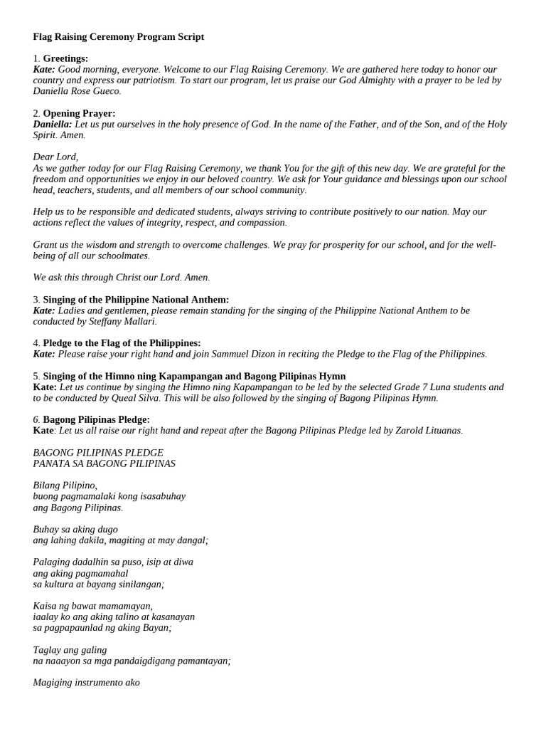 Flag Ceremony Program and Spiel | PDF | Prayer | Christian Worship And ...