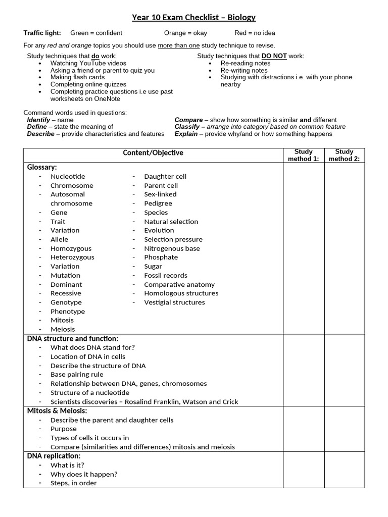 Year 10 Exam Revision Checklist 2023 | PDF | Force | Dominance (Genetics)