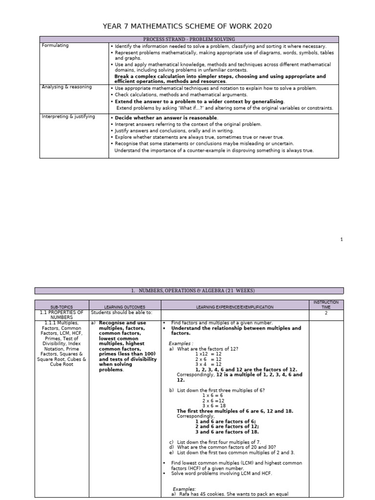 Suggested Mathematics Scheme of Work Year 7 2020 | PDF | Multiplication ...