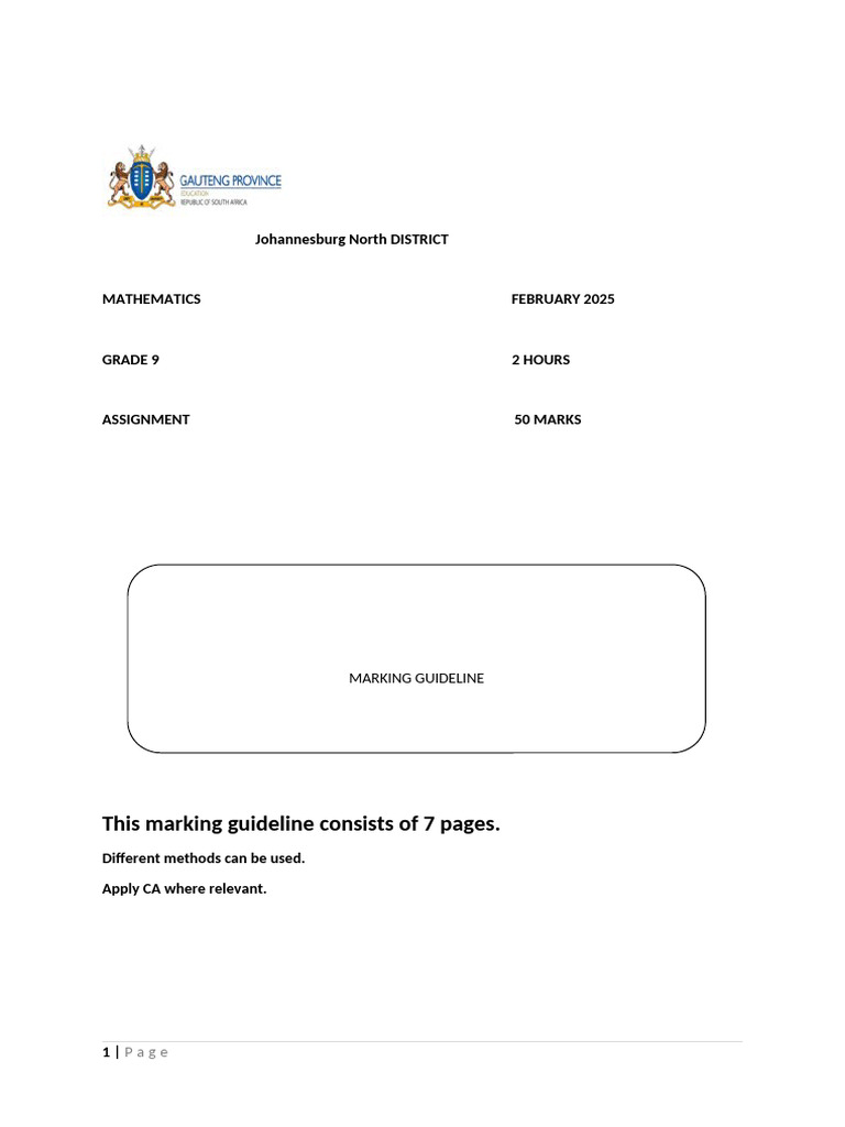 Grade 9 Assignment 2025 Memorandum | PDF | Arithmetic | Mathematics