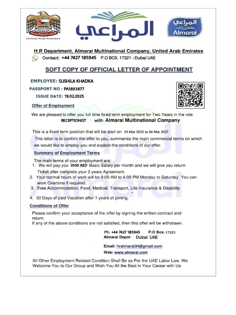 Sushila Khadka Offer Letter Almarai Group | PDF
