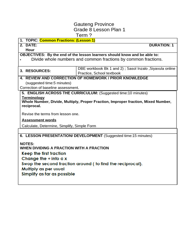 Grade 8 Common Fractions | PDF | Curriculum | Lesson Plan