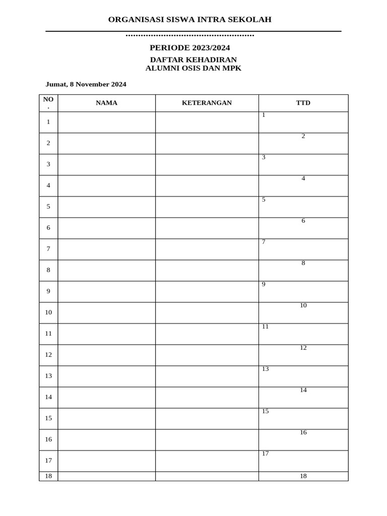 Daftar Kehadiran Alumni OSIS 2024 | PDF