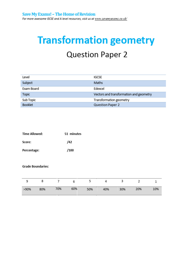5.2.2 Transformation Geometry QP - Igcse Edexcel Maths Igcse 9-1 | PDF | Shape | Euclidean Geometry