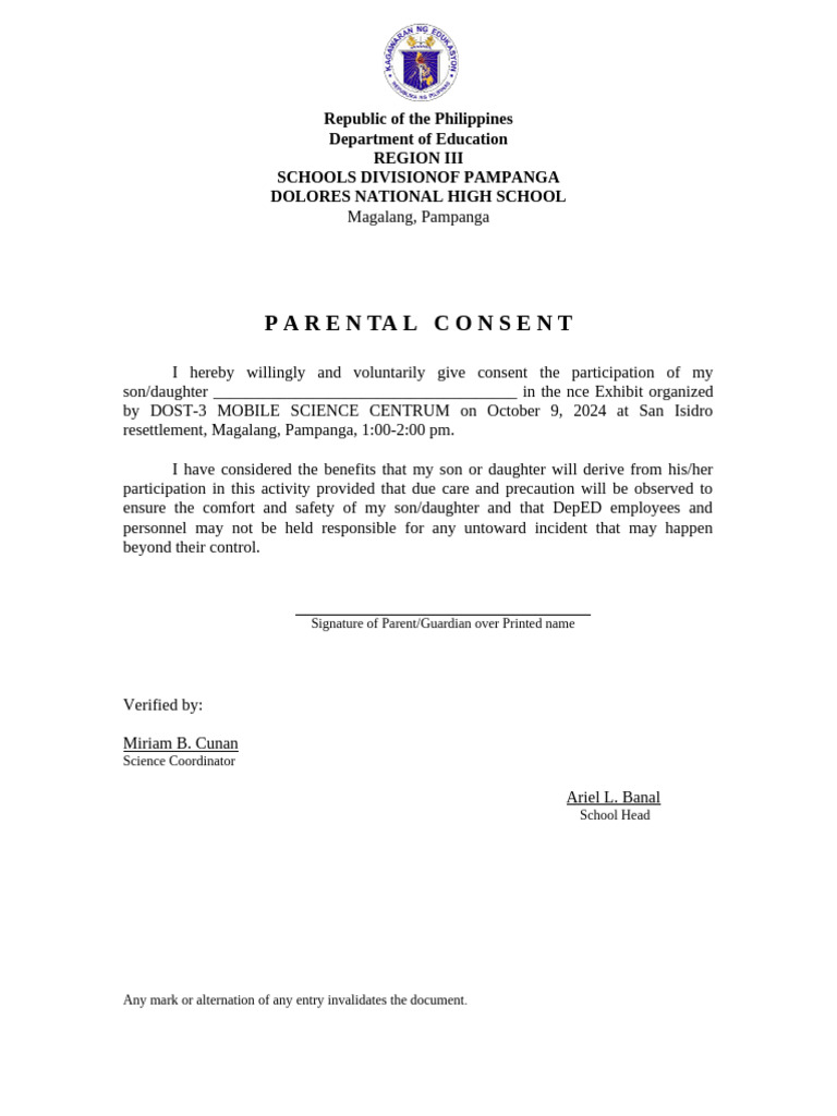 Parental Consent for Science Exhibit | PDF