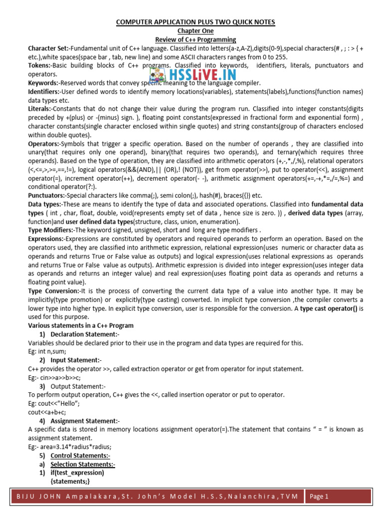 Hsslive-XII-COMPUTER-Application-QUICK-NOTES | PDF | Parameter ...