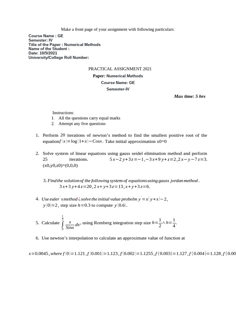 Numerical Method Paper - 2021 | PDF