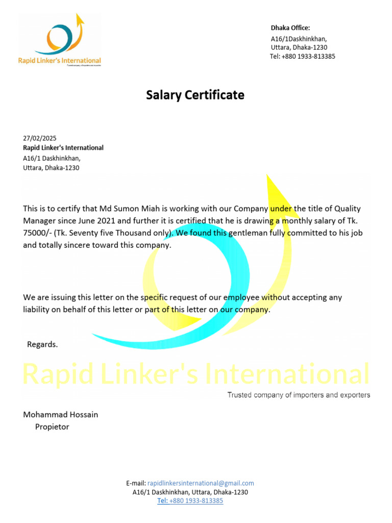 Salary Certificate for Quality Manager | PDF
