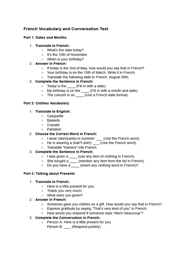 French Vocabulary and Conversation Test | PDF | Clothing | Grammar
