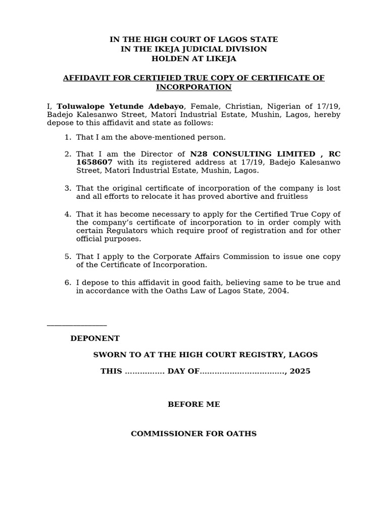 Affidavit For Certified True Copy of Certificate of Incorporation | PDF