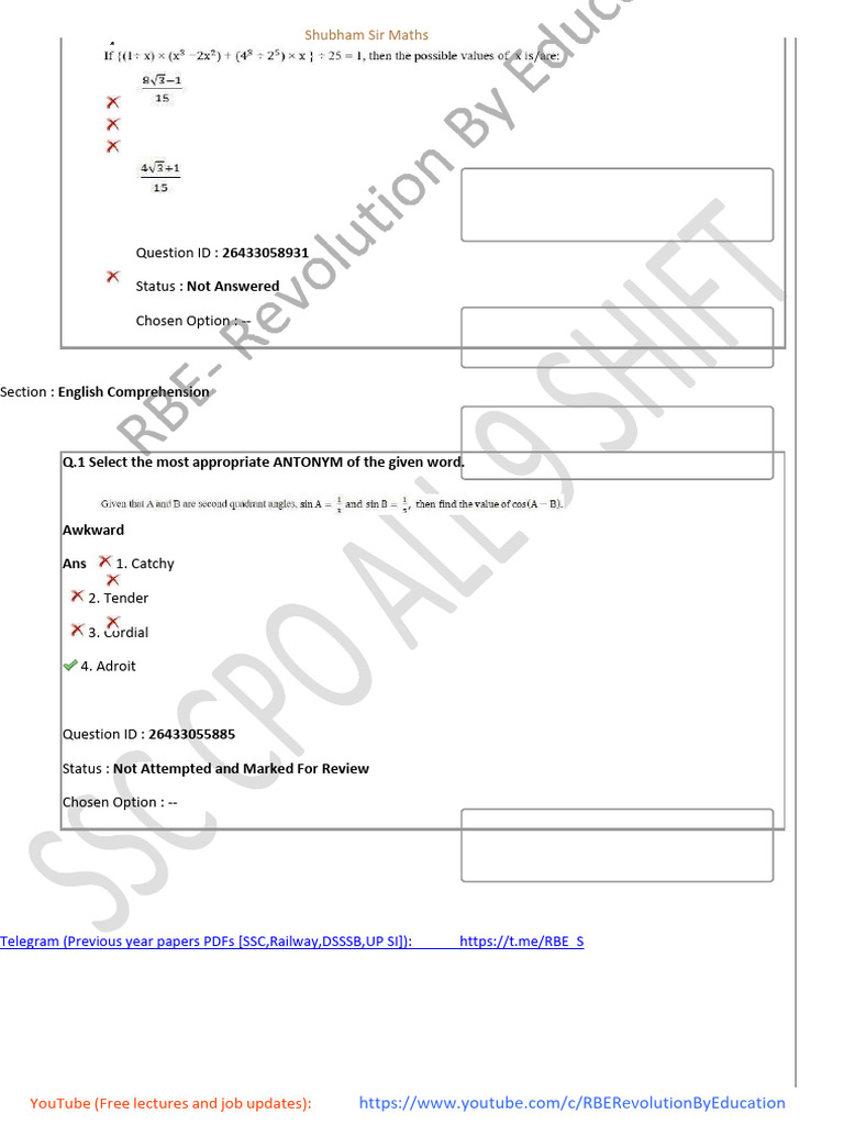 SSC CPO ALL 9 Shifts of 2022 (Questions With Correct Answers) Retake 2024 Guaranteed Pass 100-81 ...