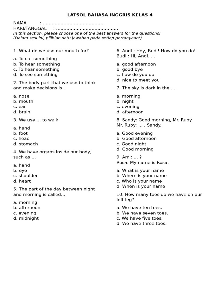 Latsol Bahasa Inggris Kelas 4 | PDF