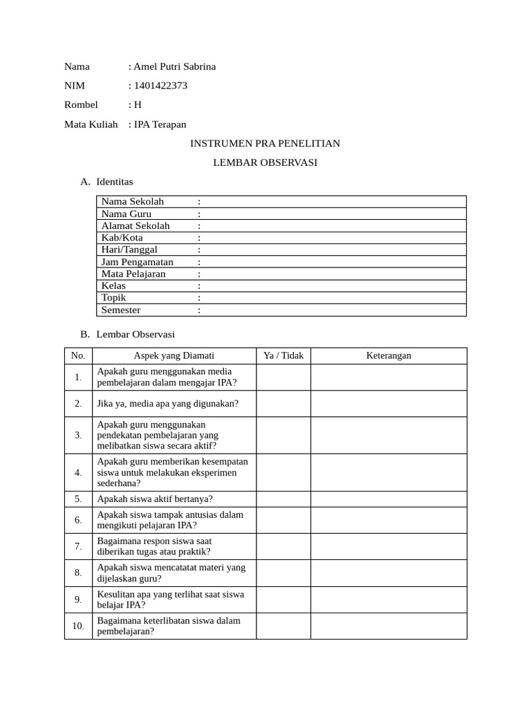 Instrumen Penelitian Observasi IPA Terapan | PDF