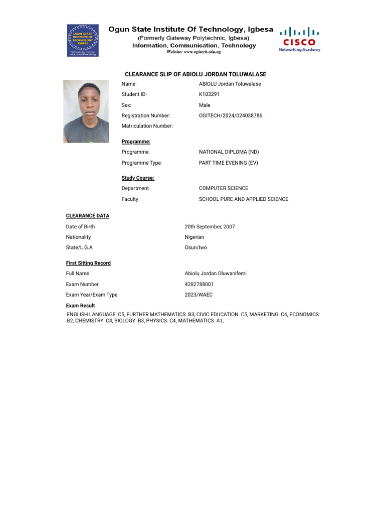 Abiolu Jordan Toluwalase - Ogitech Clearance Slip | PDF