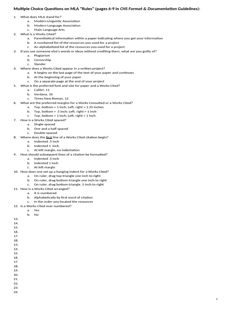 MLA Format Quiz: Key Rules Explained | PDF | Citation | Writing