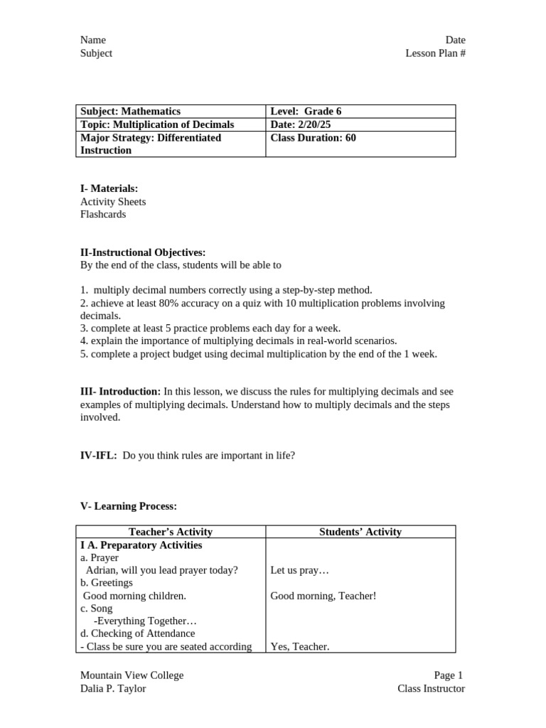Lesson Plan Example | PDF | Multiplication | Numbers