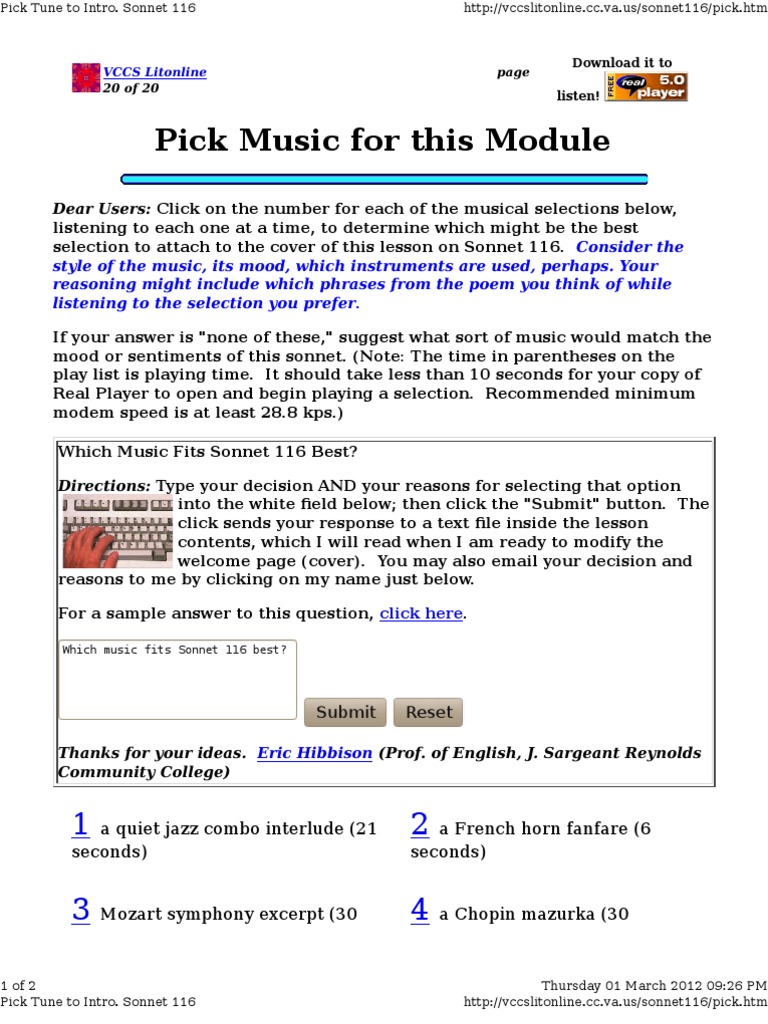 Pick Music For This Module: Dear Users: Click On The Number For Each of ...