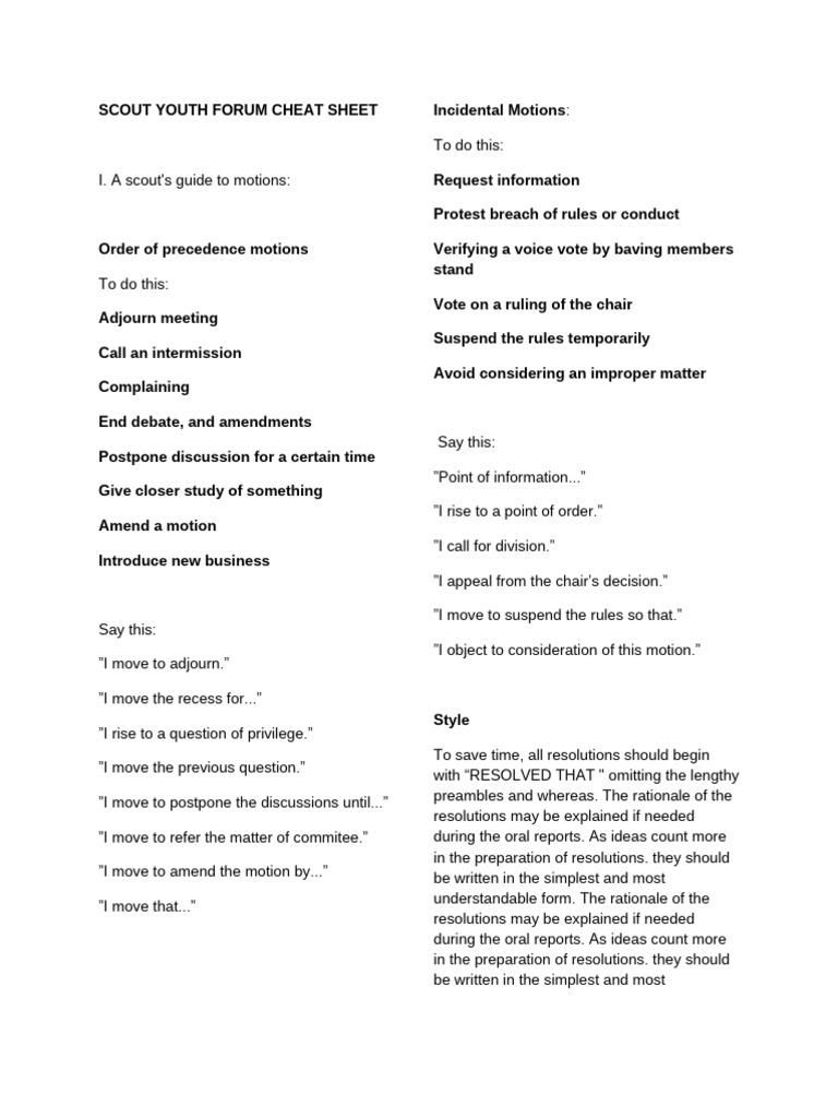Scout Youth Forum Parliamentary Guide | PDF | Rules | Parliamentary ...