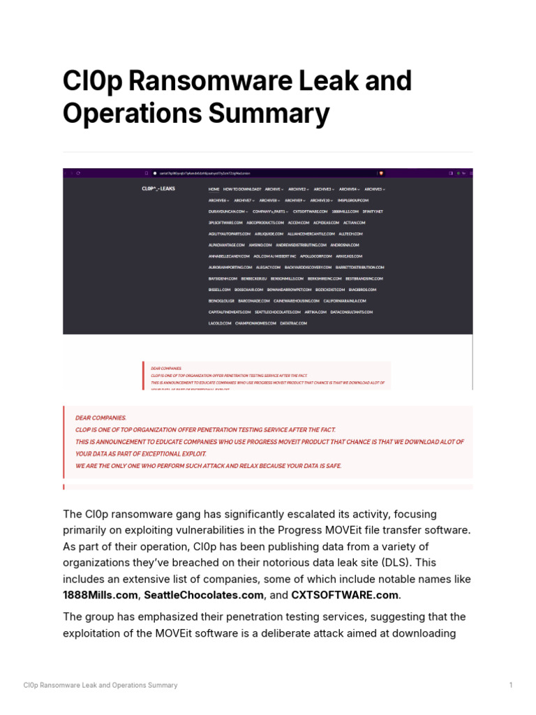 Cl0p Ransomware Leak and Operations Summary | PDF | Ransomware | Cyberspace